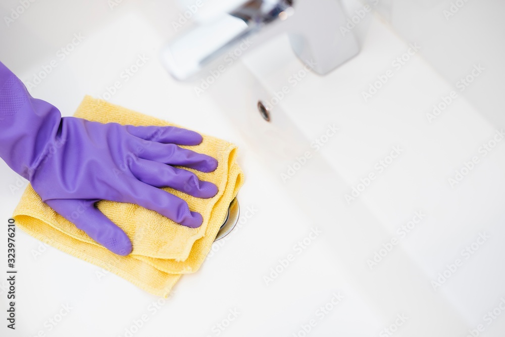 cleaning modern new basin in bathroom banner. Water tap clean using ...