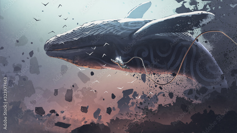 astronaut floating near the fantasy whale that jumping out of the rock ...