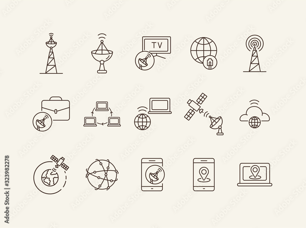 Network connection thin line icon set. Transmitter tower, signal ...
