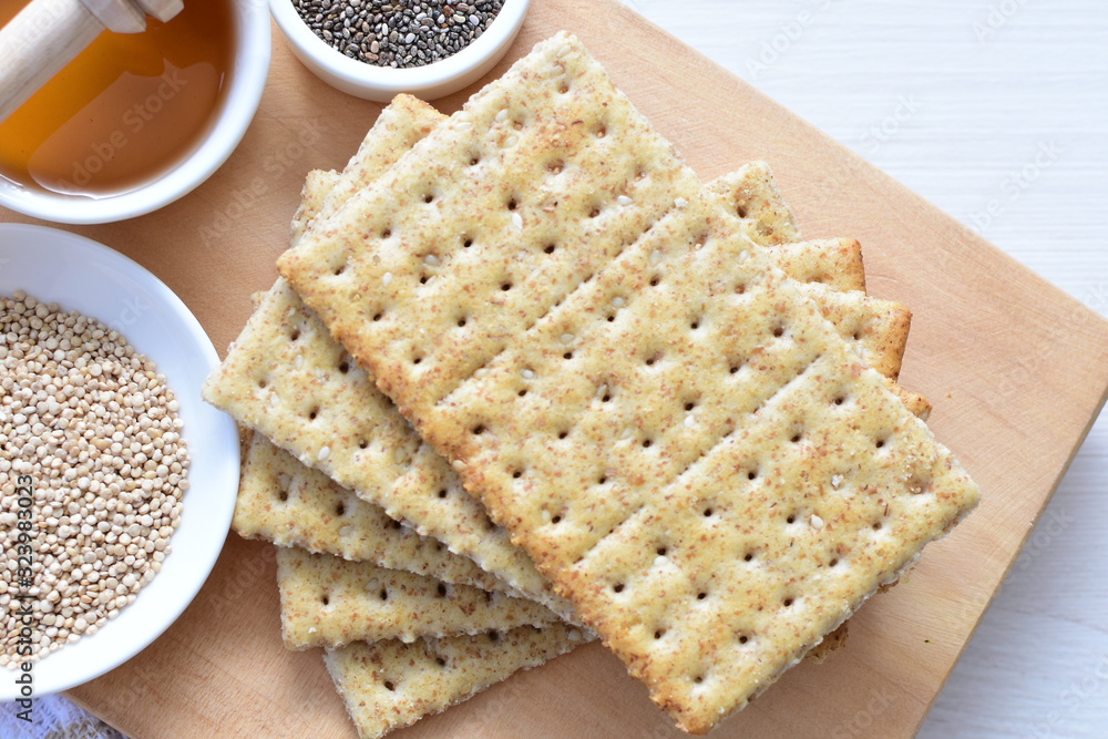Healthy sesame biscuits (Sesamum indicum), whole grain cereal and jam ...