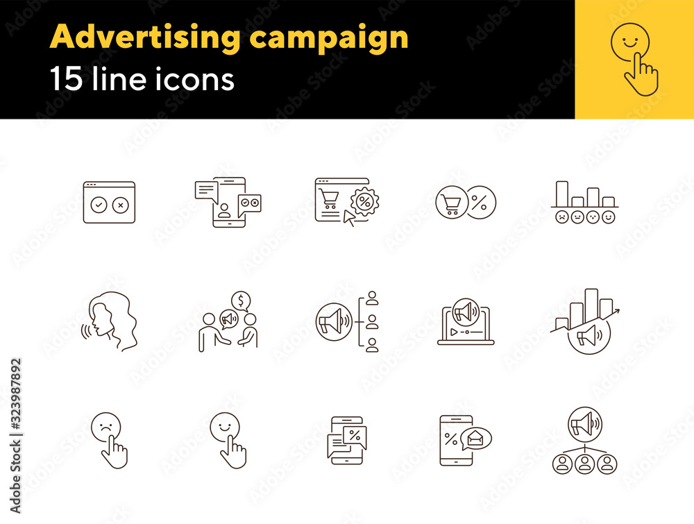 Advertising campaign icons. Set of line icons. Emodji with hand, screen ...