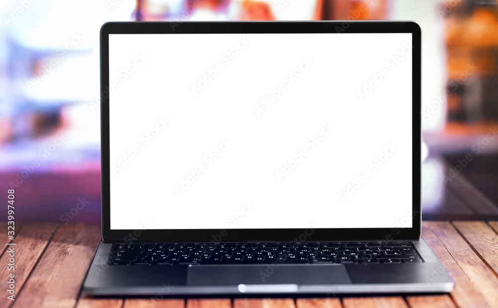 laptop showing blank screen in blur background Stock Photo | Adobe Stock