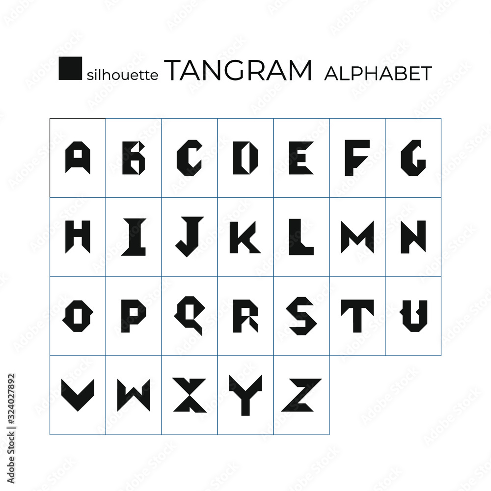 Vector tangram alphabet. 26 silhouette isolated letters on a white ...