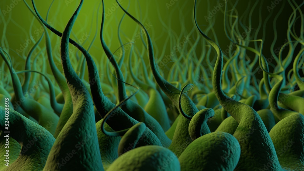 Alien forest in the mysterious green light. Twisted organic shapes ...