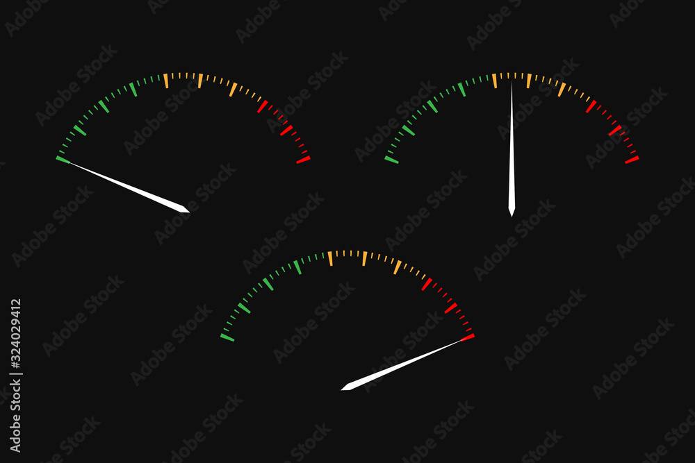 Set of simple vector tachometers with indicators in red, yellow and ...