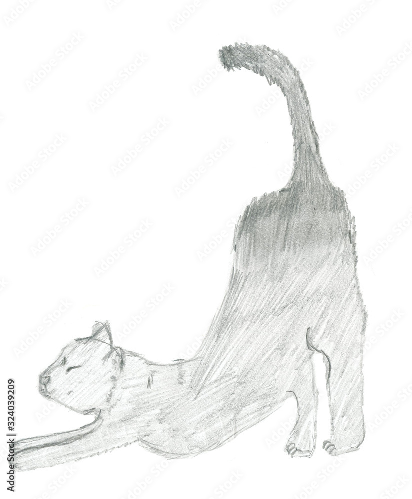 Kot szkic ołówkiem, rysunek dziecka Stock Illustration | Adobe Stock