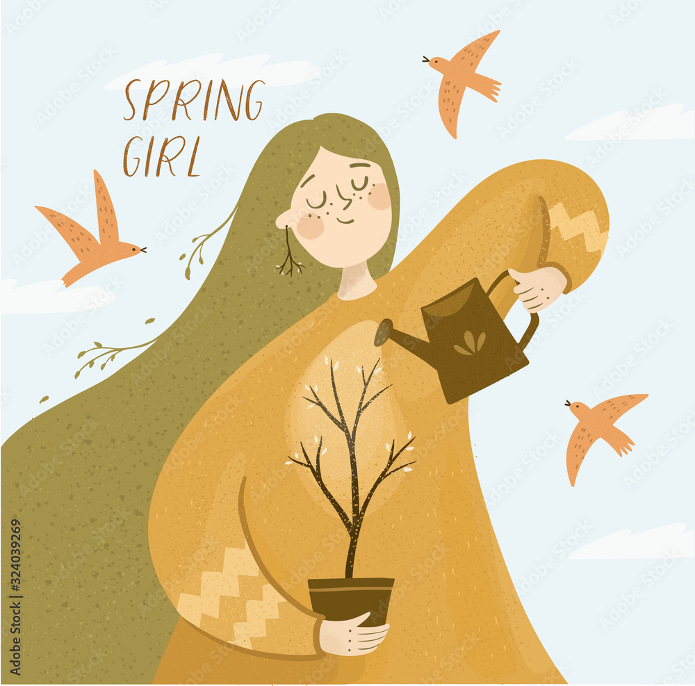 Vector illustration of cute spring girl character with tree, watering ...