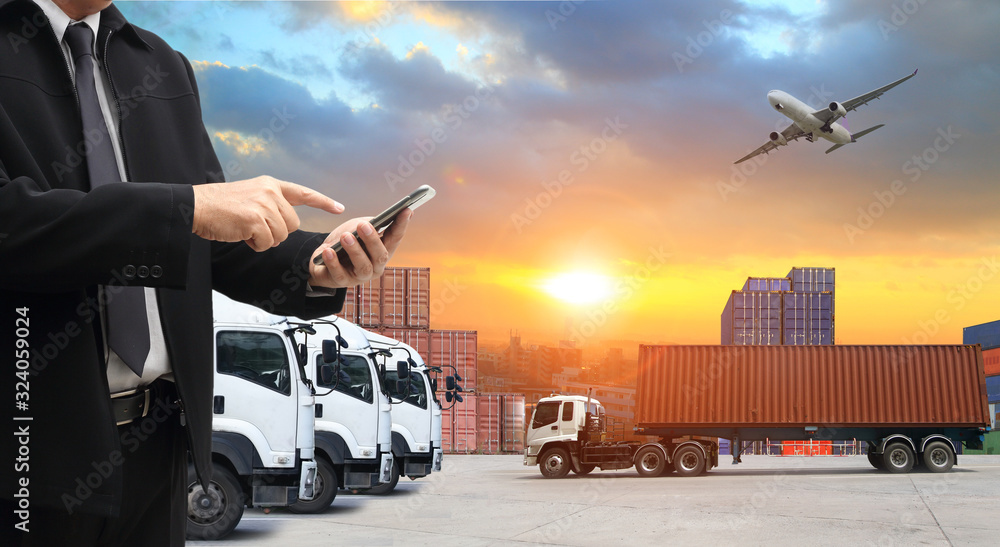 Double exposure of man with world map for logistic network distribution ...