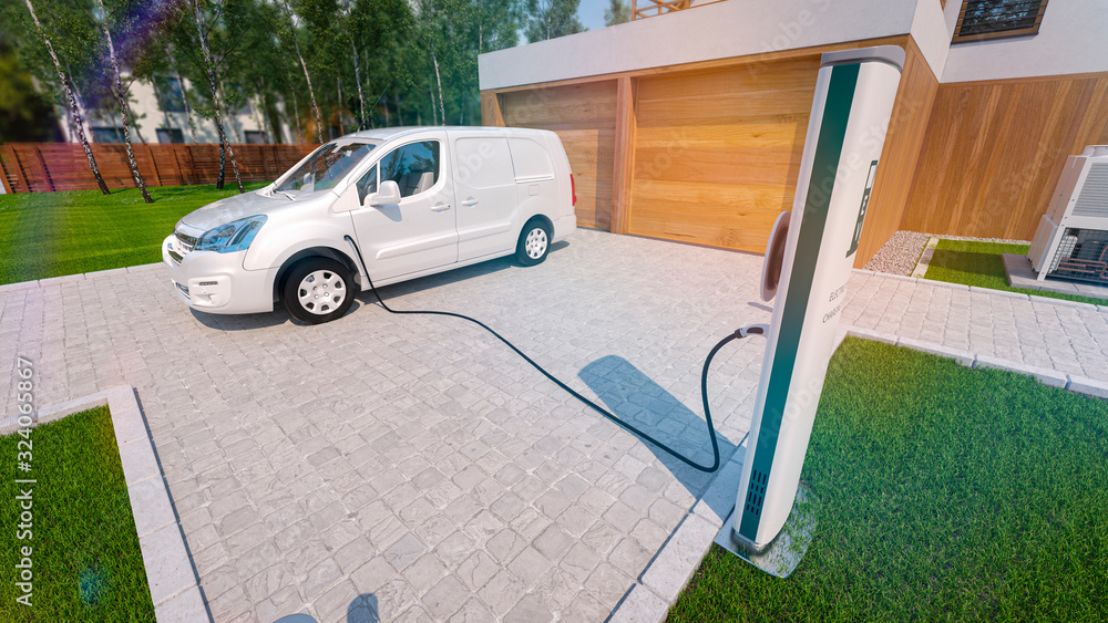 Electric van charging with private home charger 3d rendering Stock ...