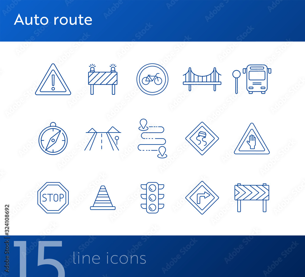 Auto route icons. Set of line icons. Bridge, traffic lights, stop road ...