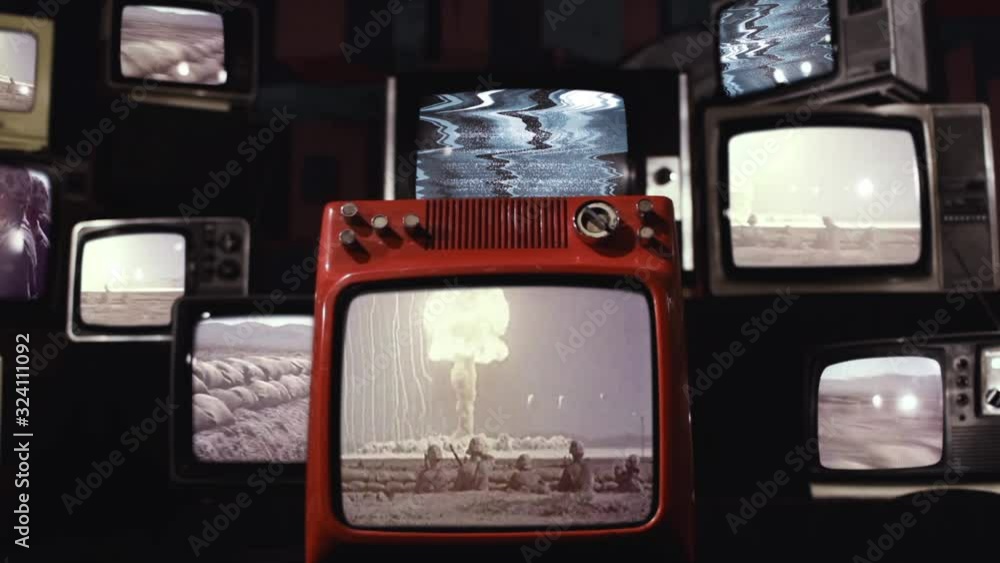 Nuclear Test as seen on Stacks of Retro TVs. Editorial use only ...