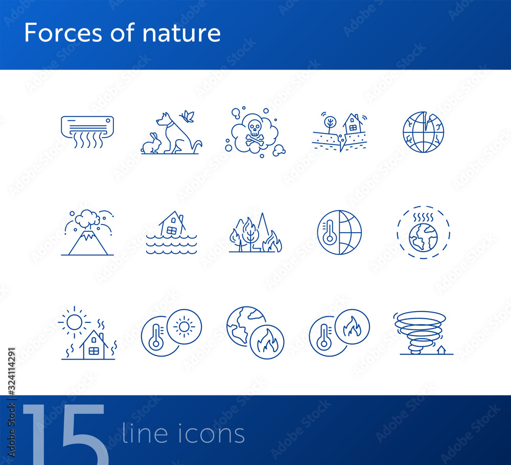 Forces of nature icons. Set of line icons. Forest fire, earthquake ...