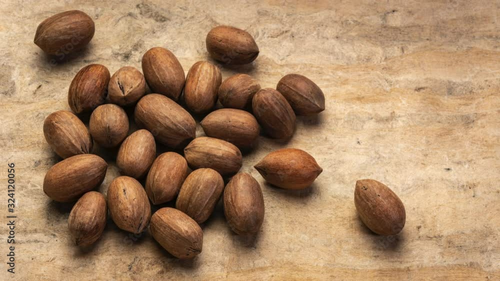 Vidéo Stock Hard shell pecan nuts are falling onto textured bark paper ...