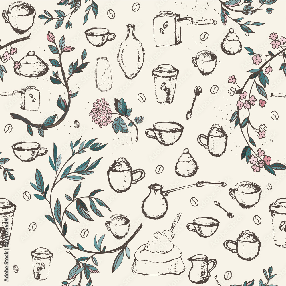 Pencil drawing of coffee elements, mugs, coffee grinder, spoons, turk ...