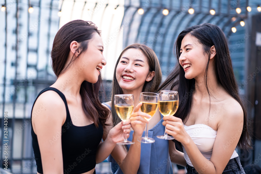 Group of young cute Asian girl gang best friends having party at ...