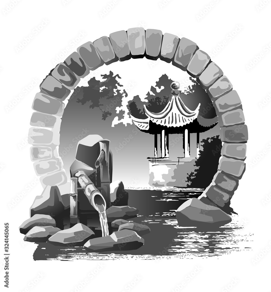 Moon Gate. A gateway to a Japanese garden. Vector illustration in ...