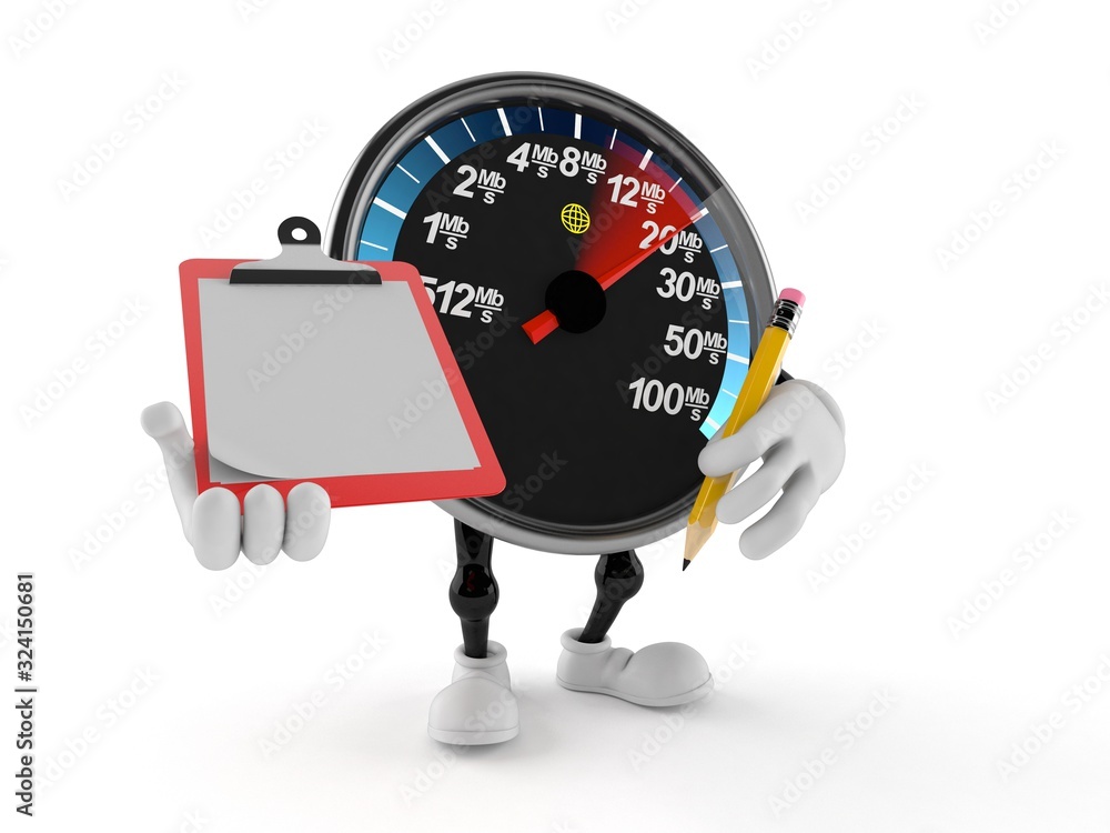 Network speed meter character holding clipboard and pencil Stock ...
