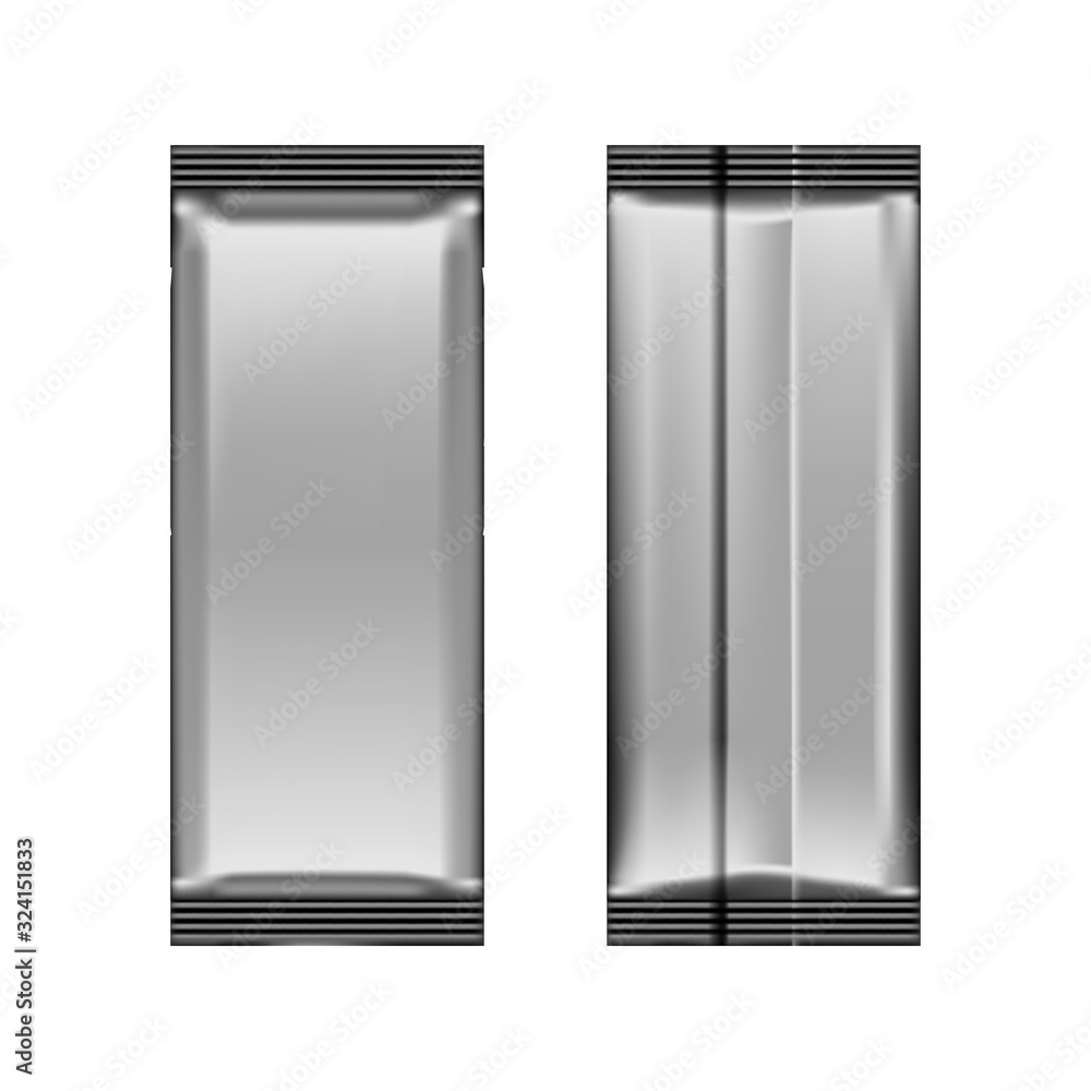 Realistic front and back sides of silver blank flow pack isolated on ...