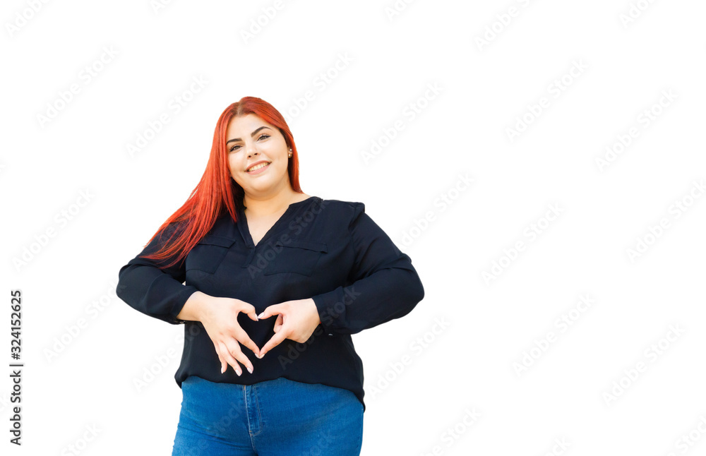 Happy smiling overweight woman is isolated on white background. Young ...
