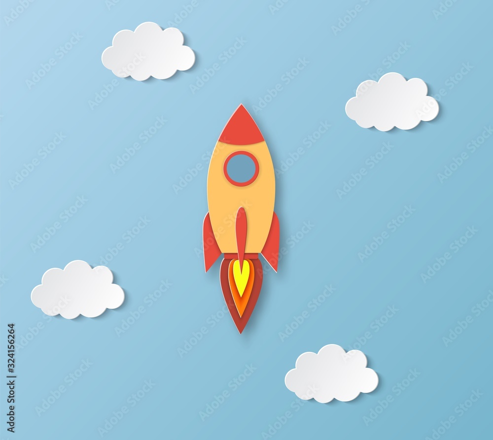 Rocket for startup business project. Paper cut startup poster template ...
