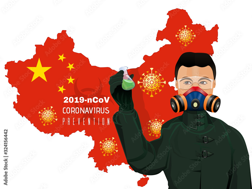 Chinese man against the background of the Map of China. Wuhan ...