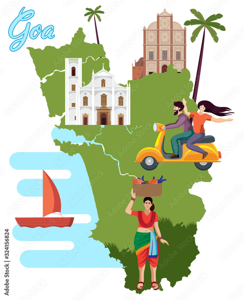 goa tourism collage design with map vector Stock Vector | Adobe Stock