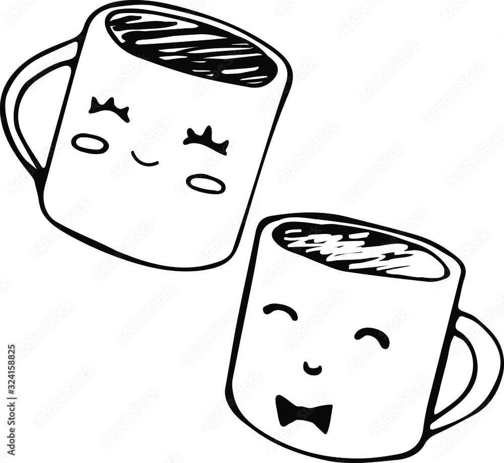 Two cute mugs. vector graphics, hand drawing. Doodles, cartoon ...