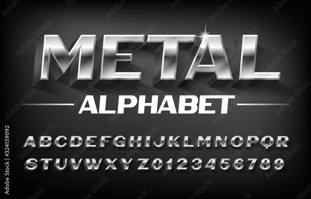 Metal alphabet font. 3D beveled chrome letters and numbers with shadow ...