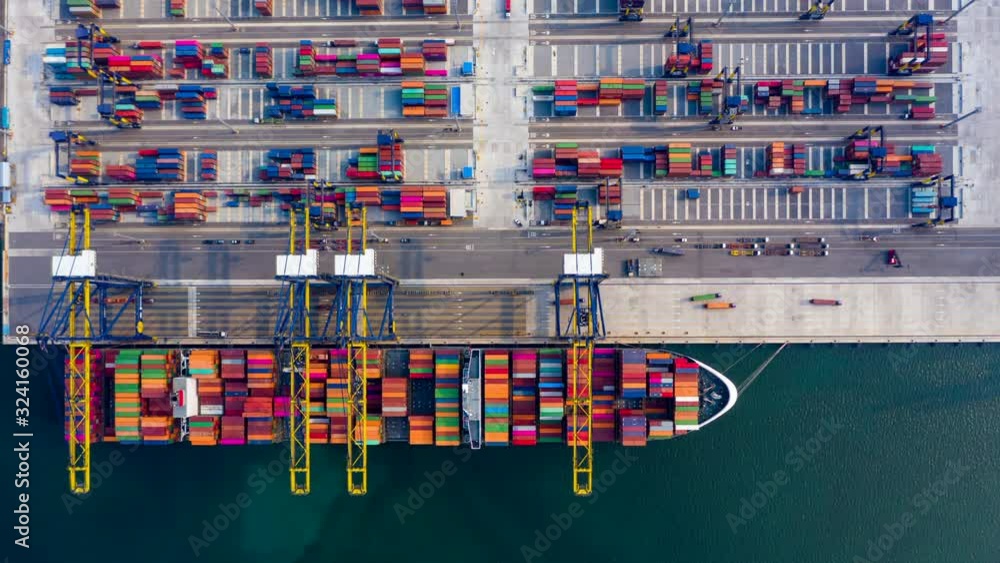 Container ship loading and unloading in deep sea port, Aerial view container shipyard business ...