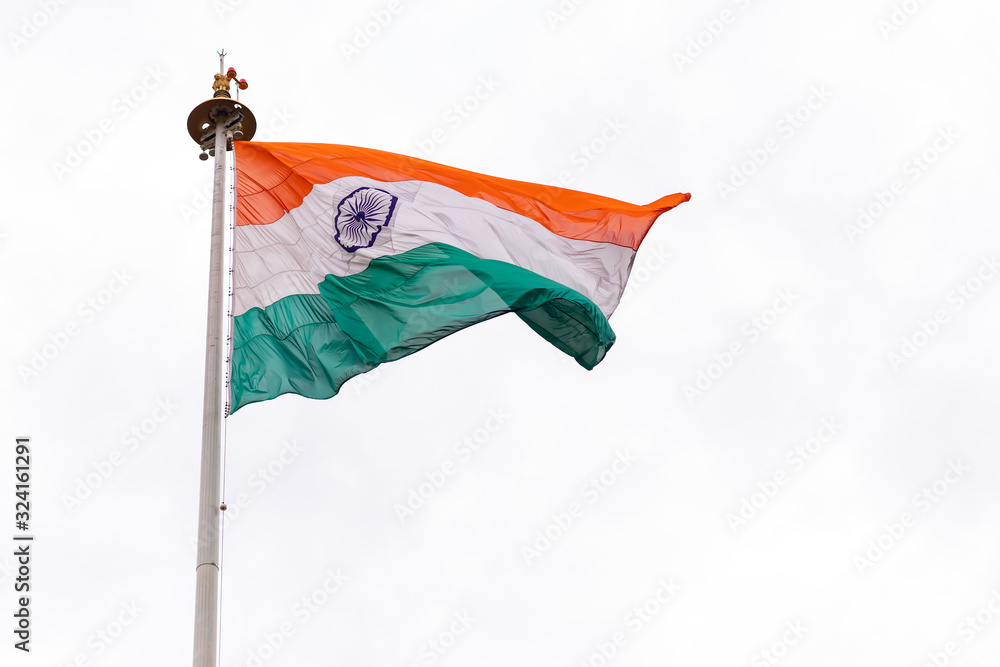 Zoom view of an Indian flag from low angle. Independence day concept ...
