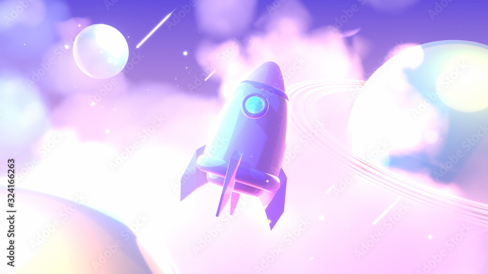Cartoon space rocket in the sky. Shooting stars, pastel clouds, and sci ...