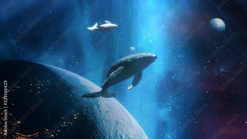 Fantastic Dream Of Flying Whales In Space With Nebula Stars And Planets ...