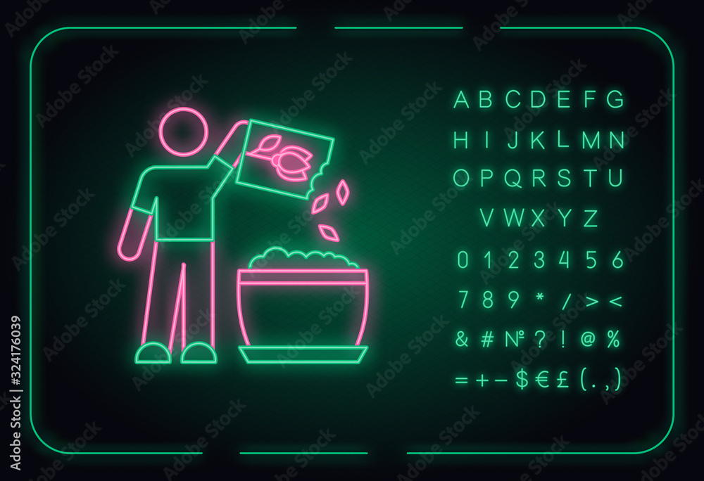 Planting flower seeds neon light icon. Propagating houseplants. Putting ...