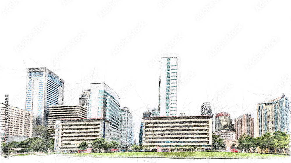 Skatch construction with a pencil. Pencil drawing of a tall building ...