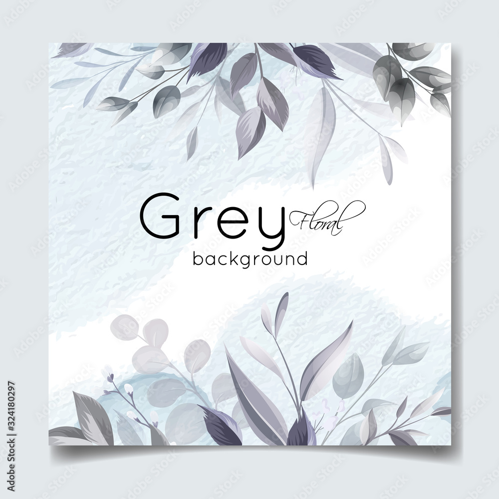Elegant gray floral background with silver leaves and watercolor frame ...