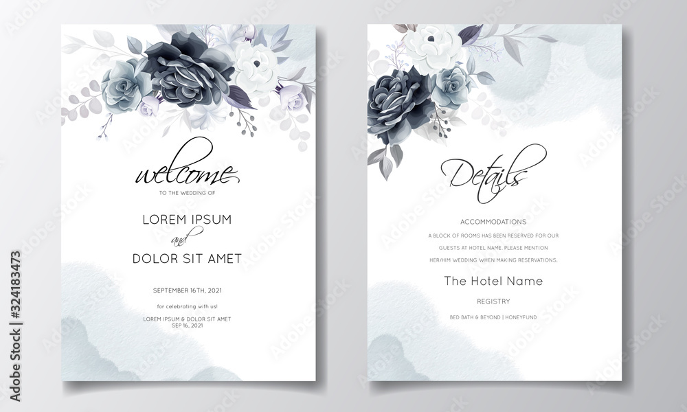 Elegant gray floral wedding invitation card template with silver leaves ...
