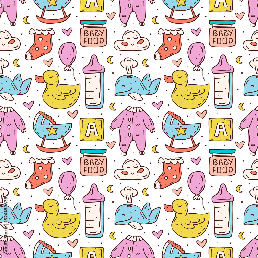 Baby care stuff, clothes, toys cartoon cute hand drawn doodle vector ...