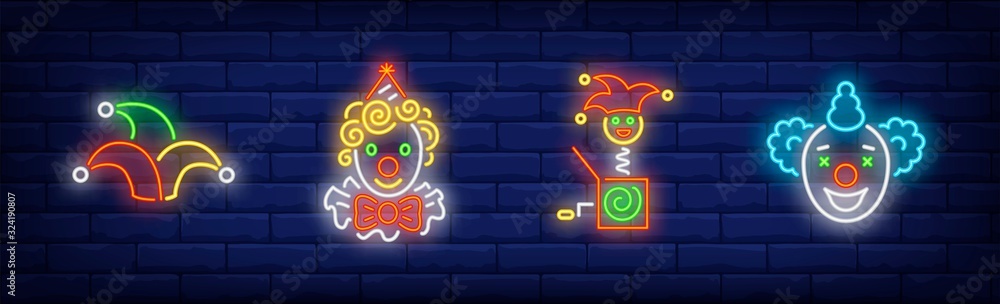 Clowns neon sign set. Joker, performer, fun. Vector illustration in ...