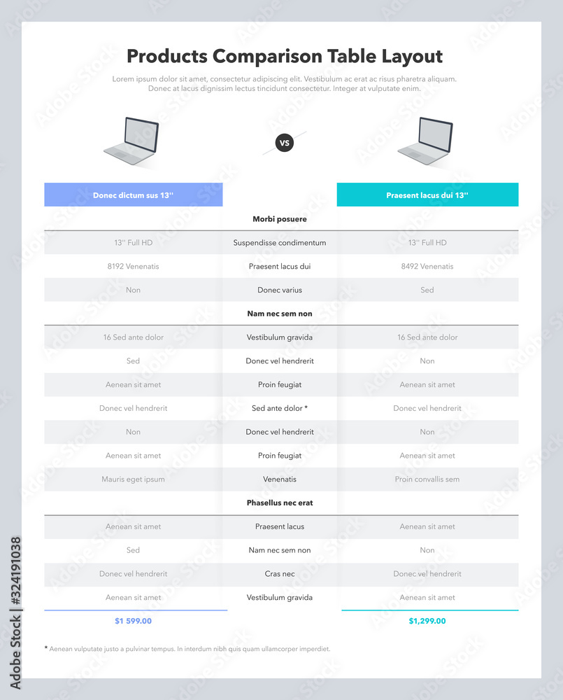 Two products comparison table layout with place for description. Modern ...