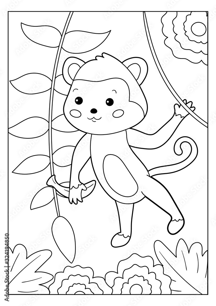 Educational game. Coloring page for children. Kawaii cartoon monkey ...