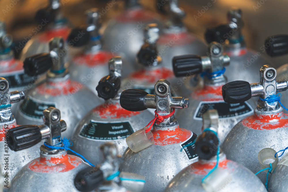 Scuba air tanks with valves - Visual inspection sticker foto de Stock ...