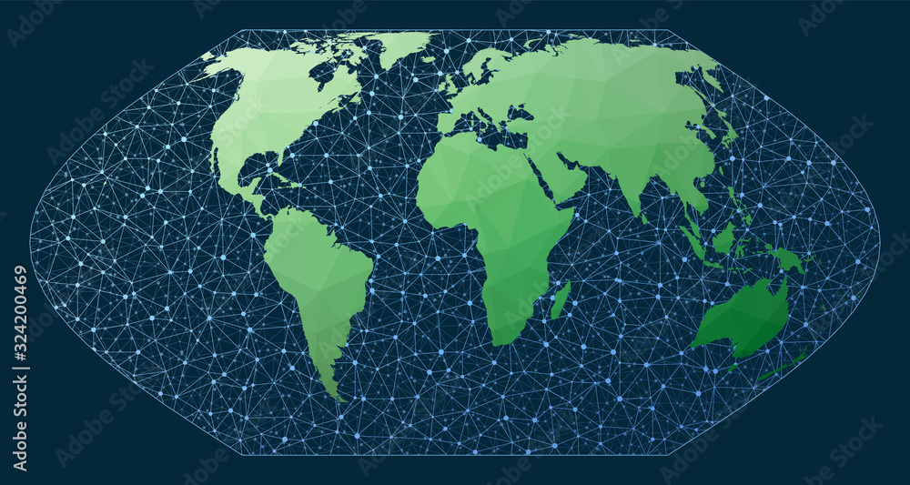 Internet and global connections map. Eckert 6 projection. Green low ...
