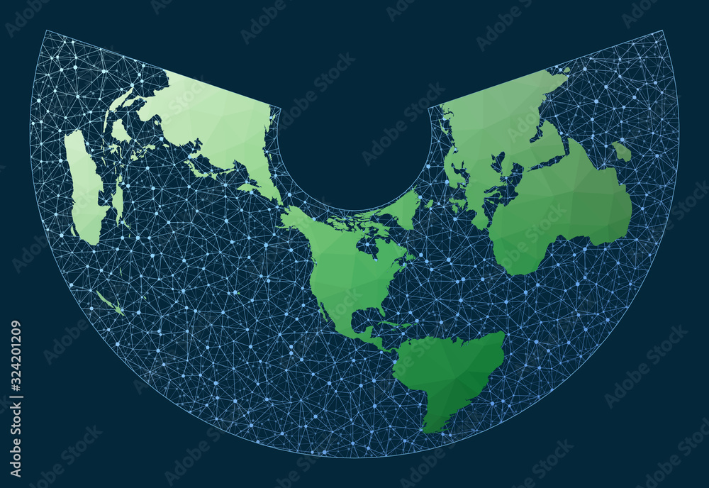 Communications map of the world. Albers projection. Green low poly ...