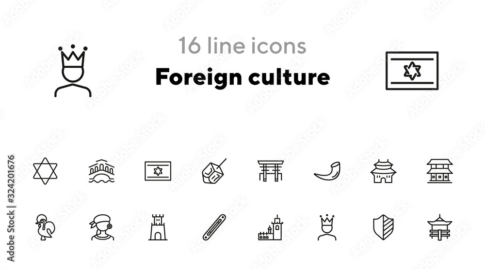 Foreign culture line icon set. Heraldry, tower, traditional building ...