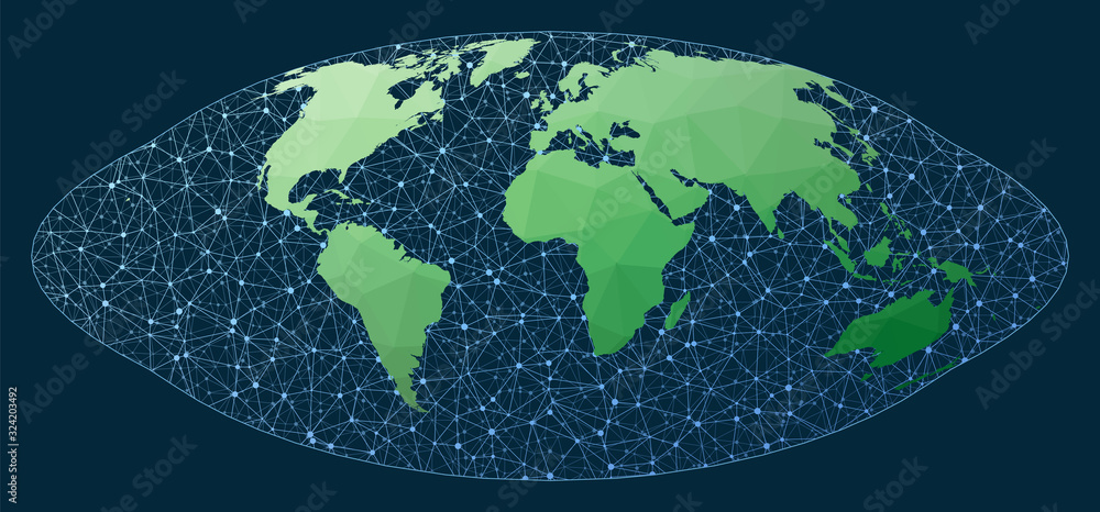 World map connection. Homolosine projection. Green low poly world map ...
