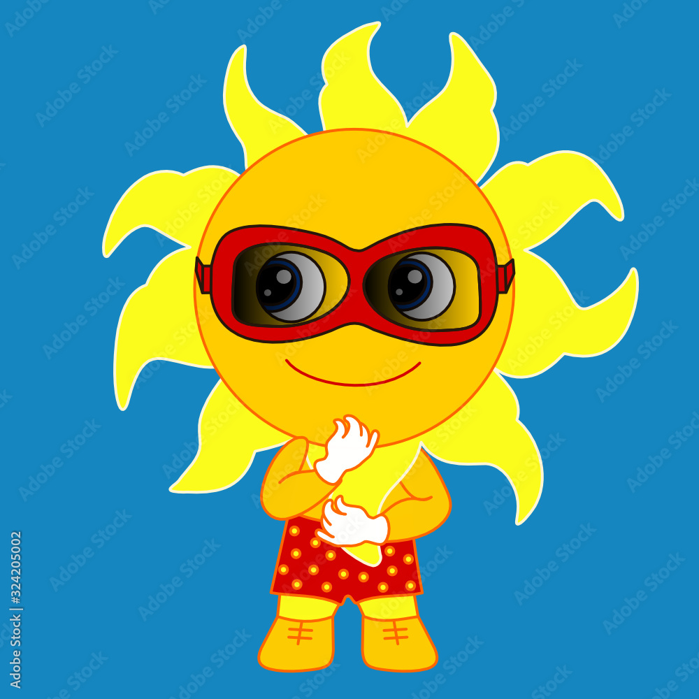 emoticon chibi with smiling sun in sunglasses taking a sunbathe, symbol ...
