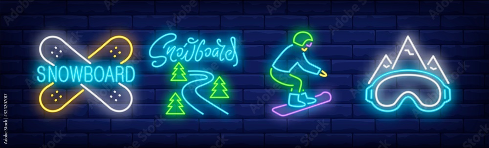Snowboarding neon signs set. Board, slope, resort, mountain. Vector ...