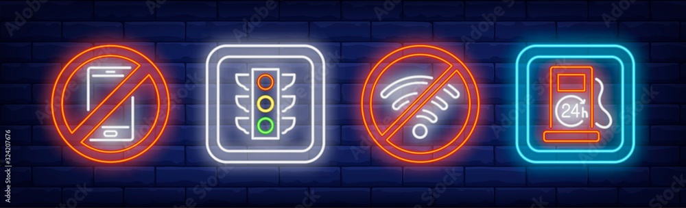 Road and prohibition neon signs set. Traffic light, petrol station, no ...