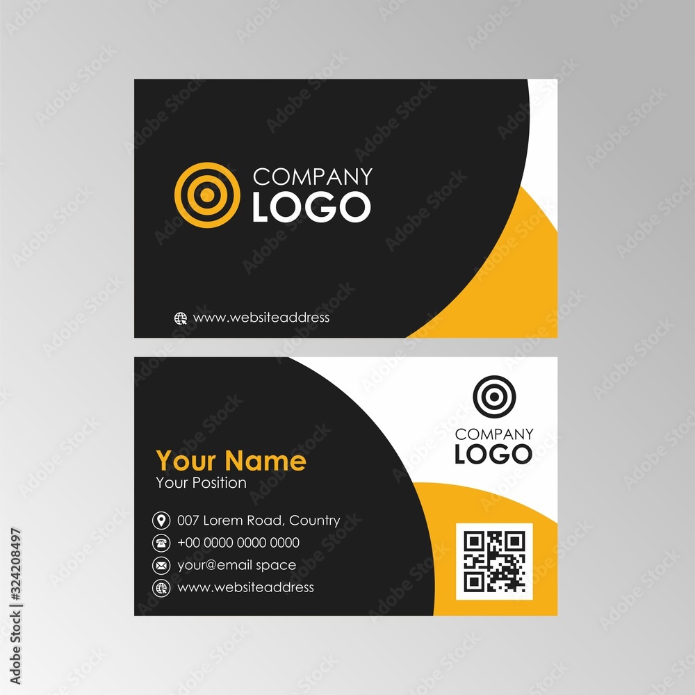 Simple abstract yellow and black business card with qr code design ...