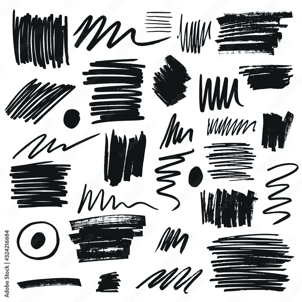 Collection of hand drawn brush paints, scribbles, marker elements ...